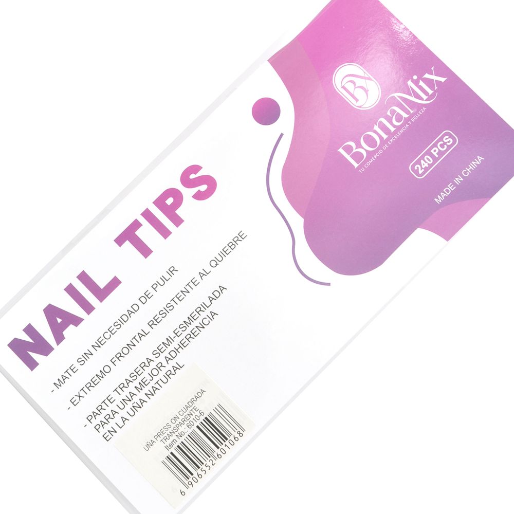 BONAMIX UÑA PRESS ON CUADRADA TRANSPARENTE X 240PCS REF: 6010-6